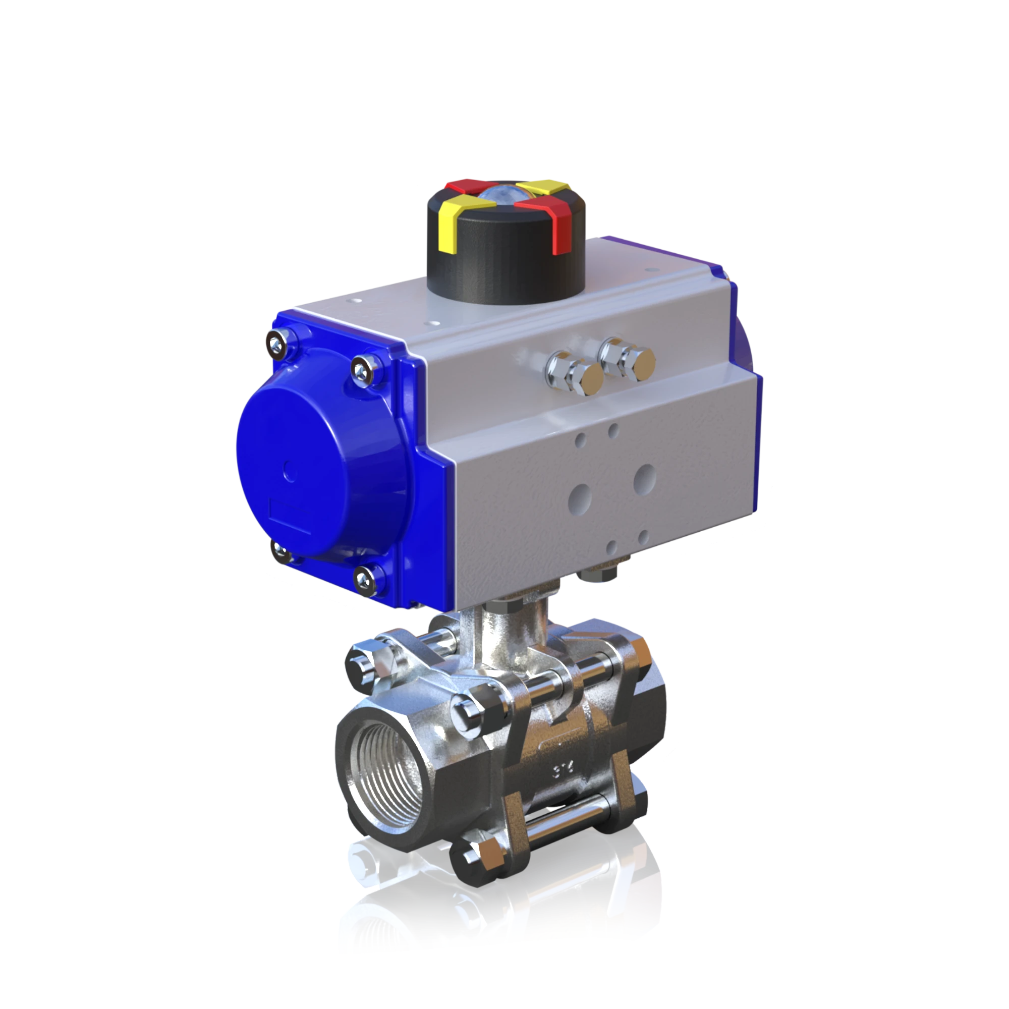 Kugelhahn Edelstahl 3tlg 1/4"-4" IG/IG PN63 Pneumatischer Antrieb PE ...